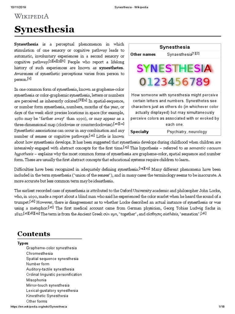 Synesthesia - Wikipedia | PDF | Perception | Subjective Experience