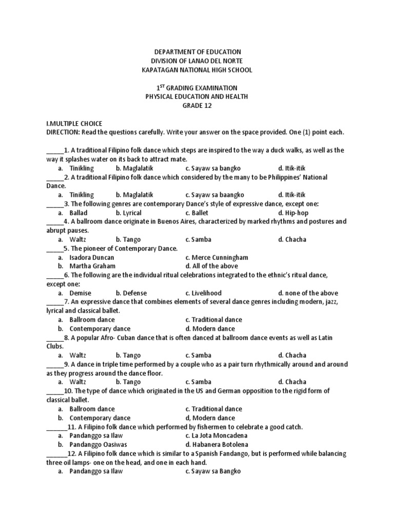 Grade 12 Exam | PDF | Dances | Ballroom Dance