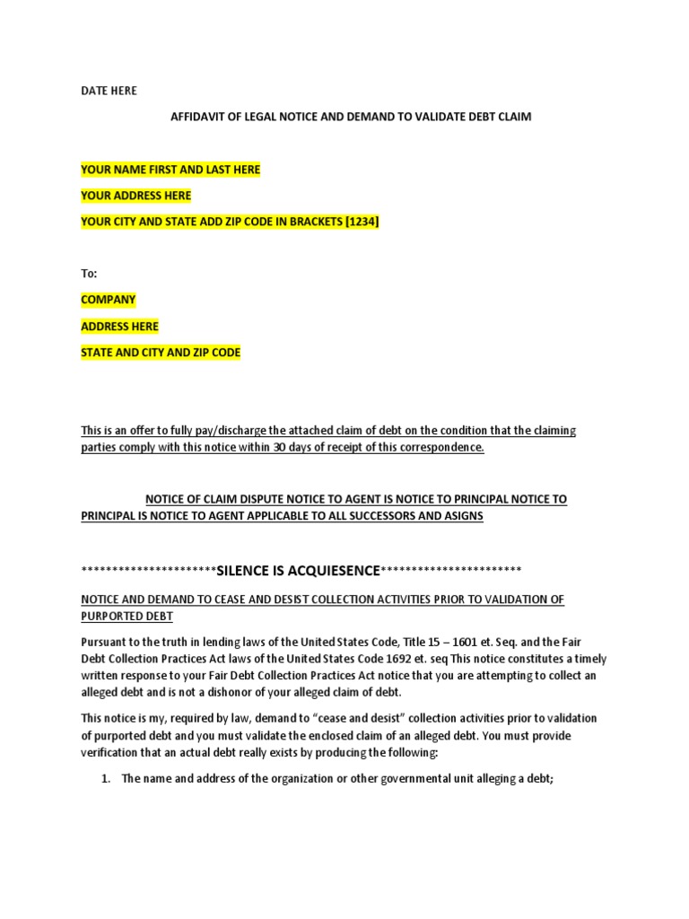 Debt Validation Notice and Demand Template | PDF | Private Law ...