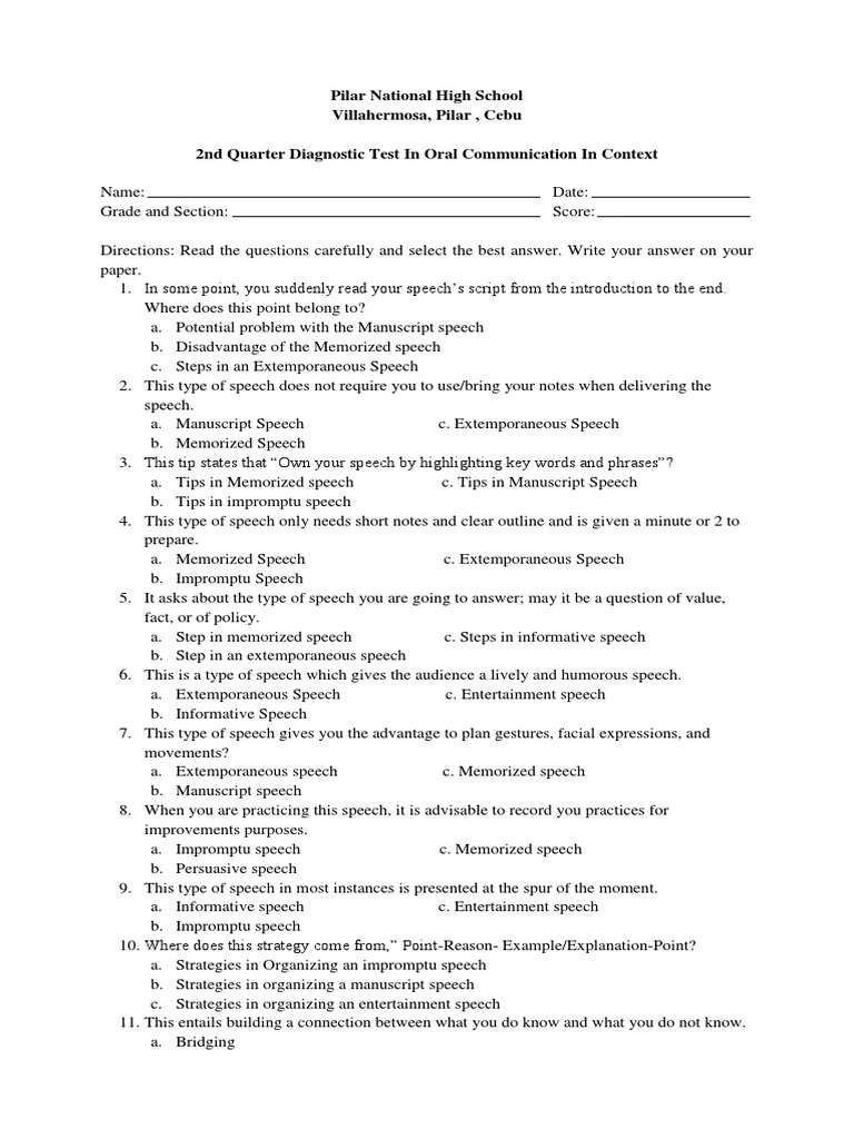 Second Diagnostic Test in Oral Communication | PDF | Causality | Persuasion