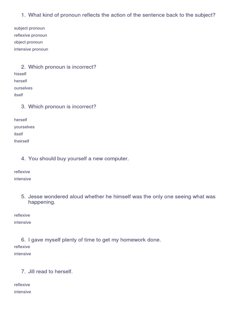 Quiz On Reflexive & Intensive Pronoun | PDF