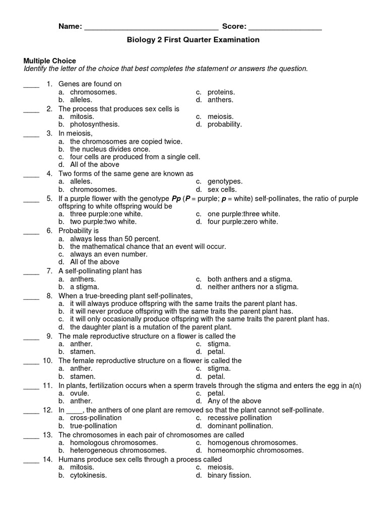 Biology Exam for High School Students | PDF | Gene | Dominance (Genetics)