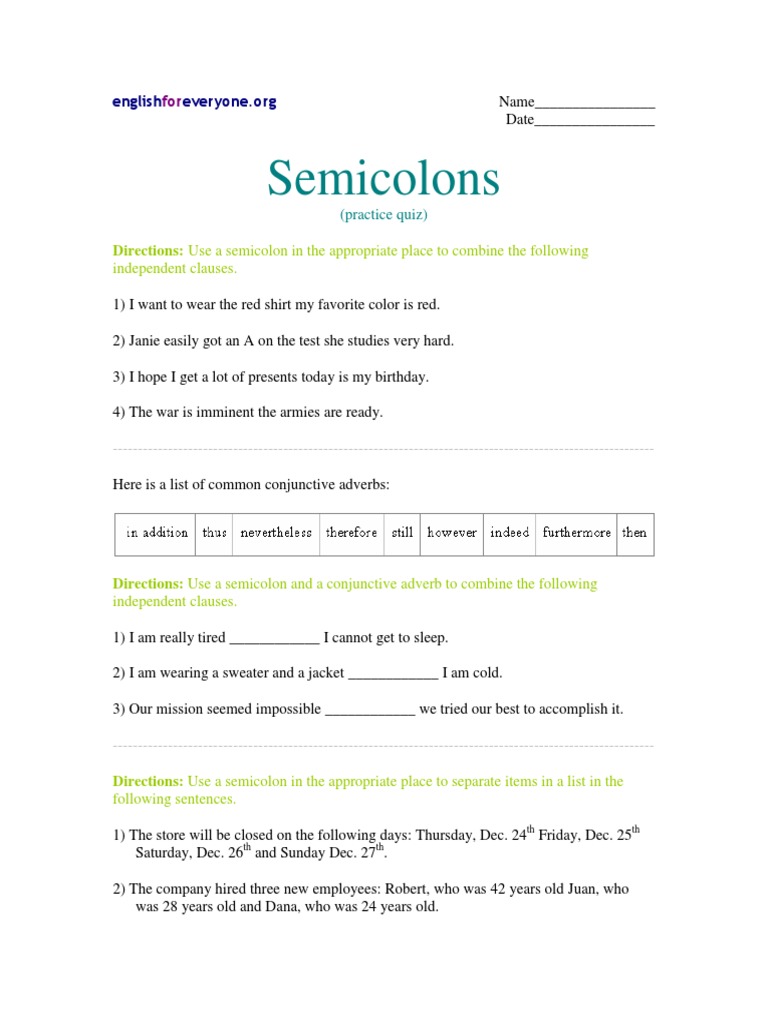 Semicolons - Practice Quiz PDF | PDF