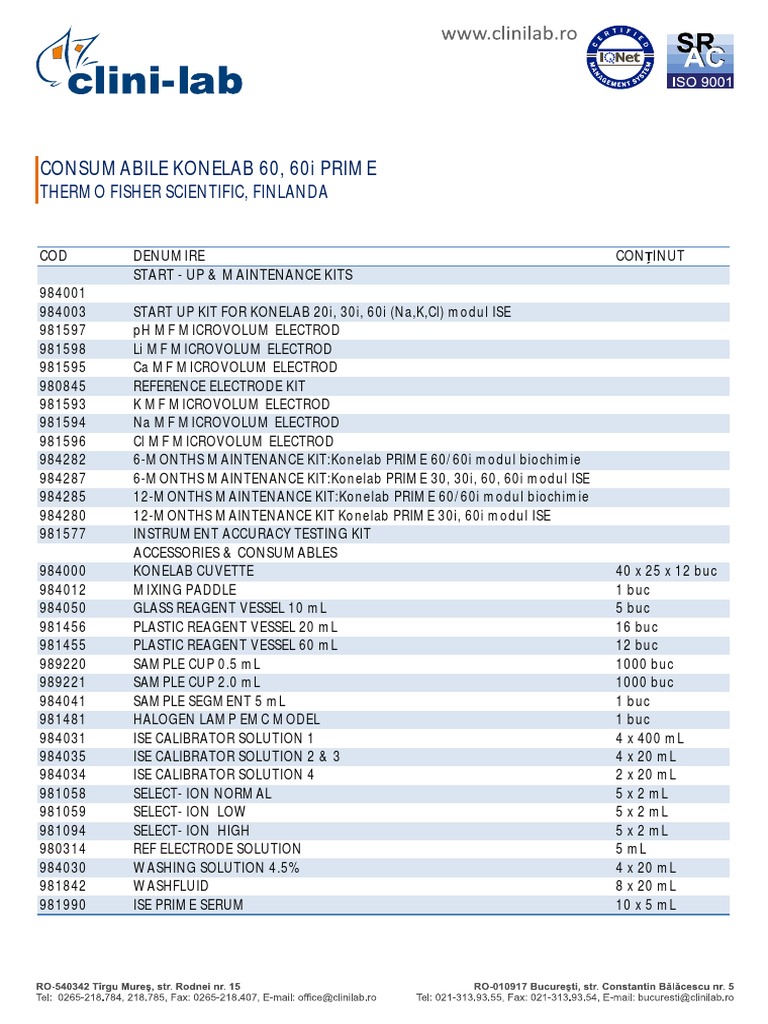 Consumabile Konelab 60iprime 2014 05 WWW - Clinilab | PDF | Analytical ...