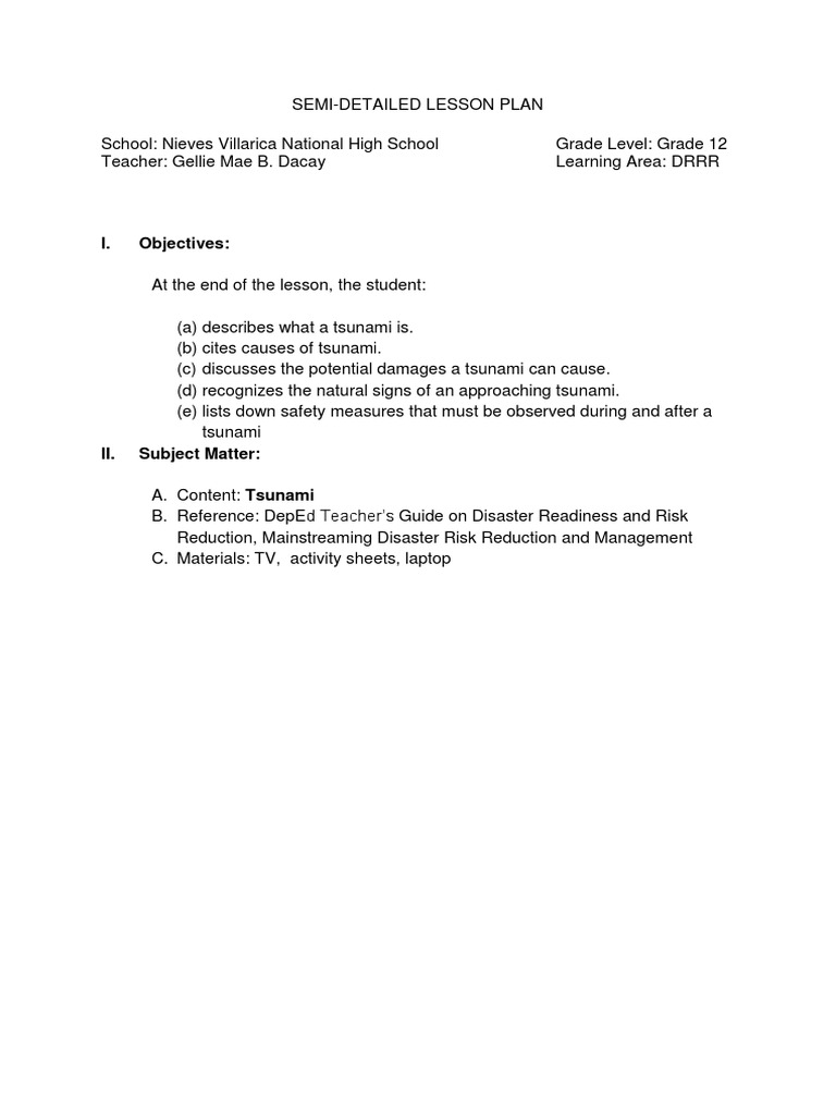 Lesson Plan in DRRR Tsunami | PDF | Tsunami | Emergency Management