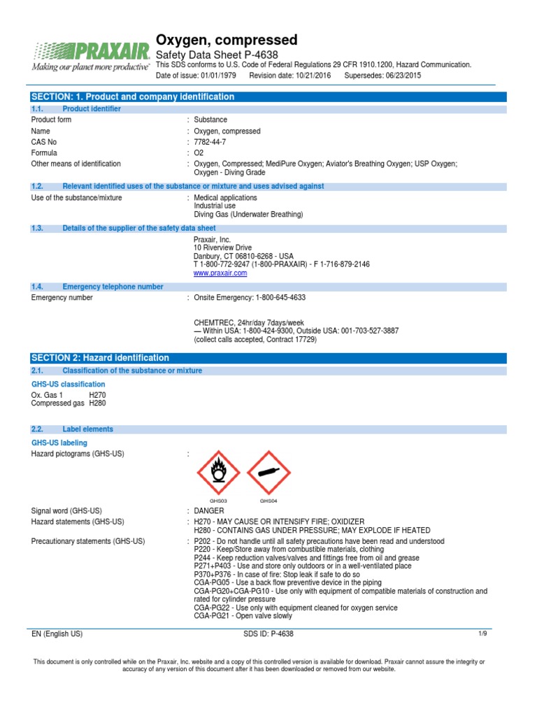 Oxygen Medipure Gas O2 Safety Data Sheet Sds p4638 | PDF | Firefighting ...