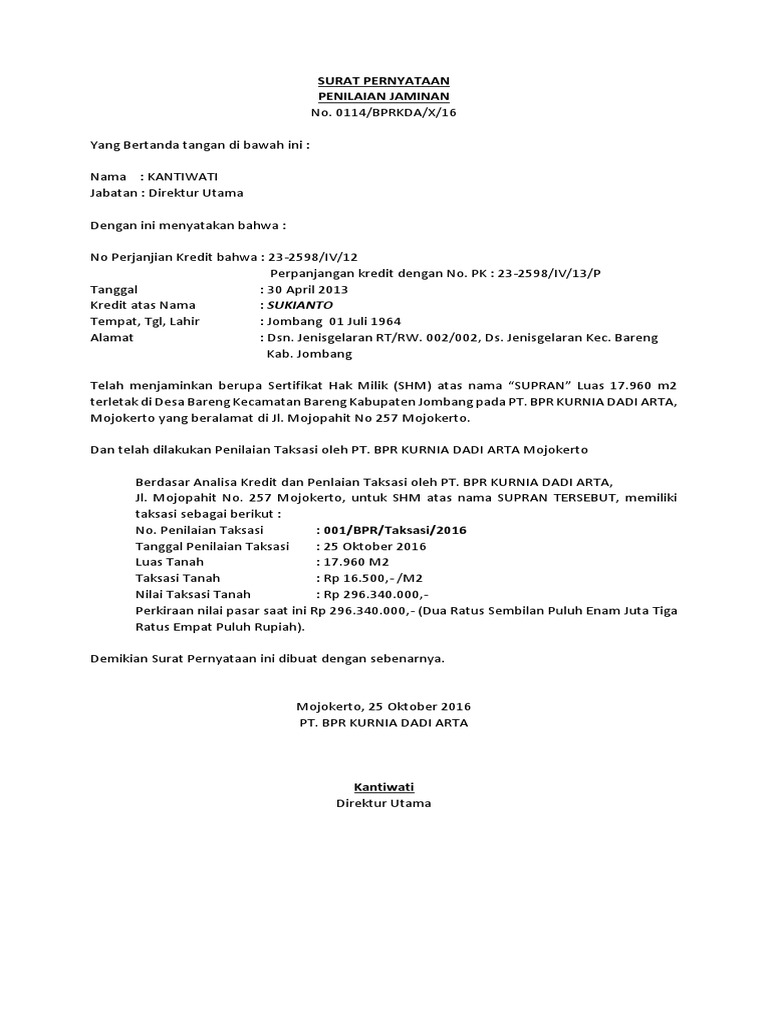 Surat Pernyataan Jaminan | PDF