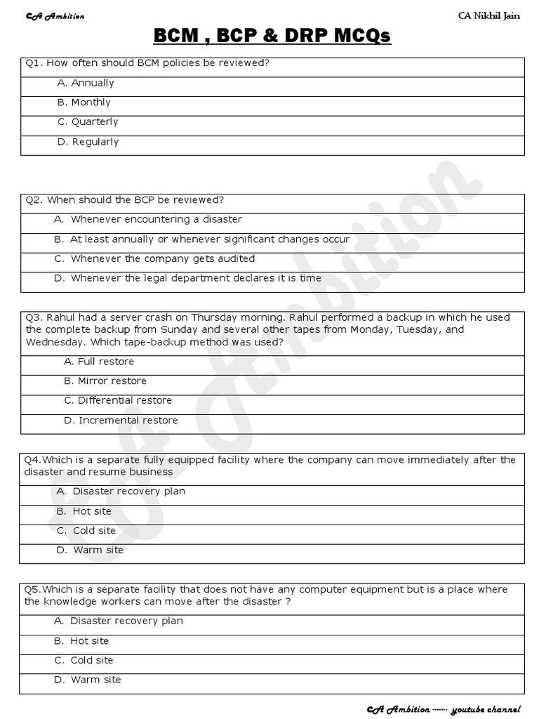 BCP - DRP MCQ | PDF | Disaster Recovery | Backup