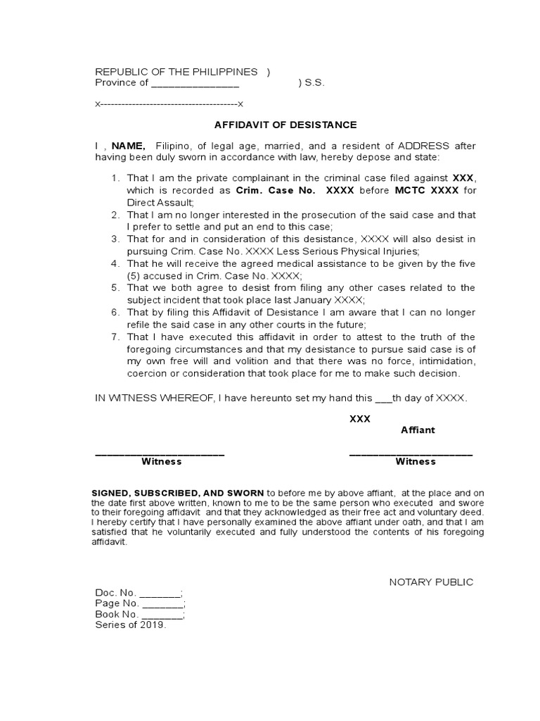 Affidavit of Desistance Form | PDF | Affidavit | Crime & Violence