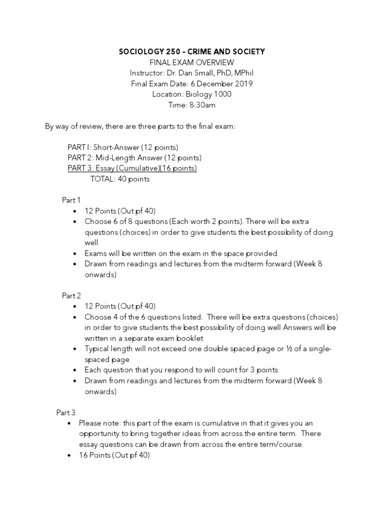 Final Exam Overview - Soci 250 | PDF | Lecture | Test (Assessment)