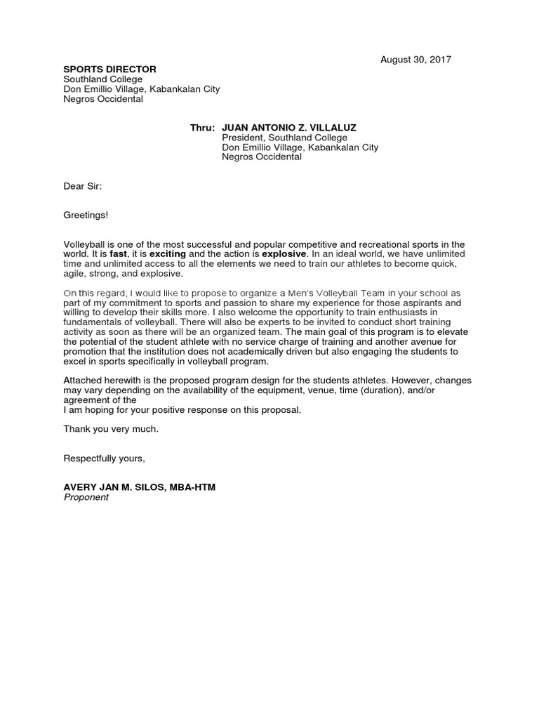 Proposal Letter For Volleyball Program | PDF