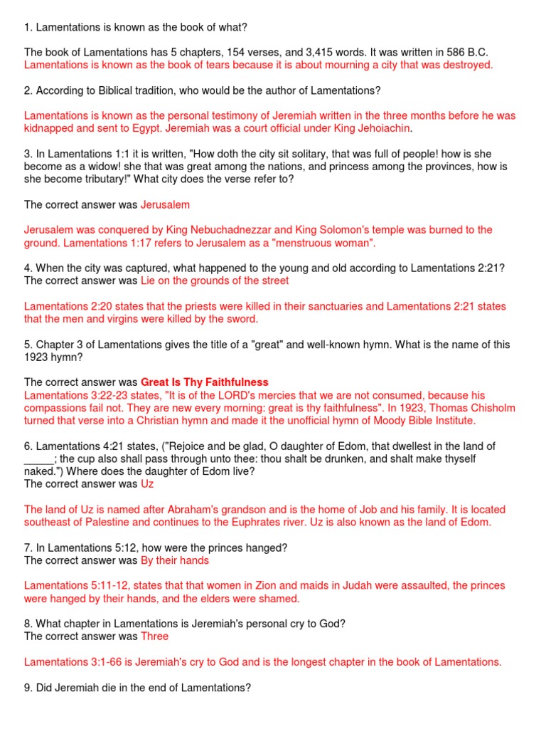 Lamentation Quiz | PDF | Jeremiah | Jacob