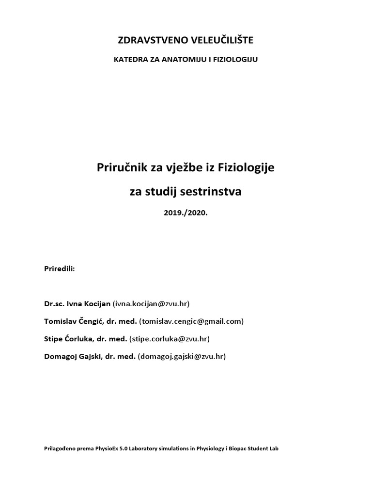 Prirucnik Za Vjezbe Iz Fiziologije Za Redovni Studij Sestrinstva 2019 - 20 | PDF
