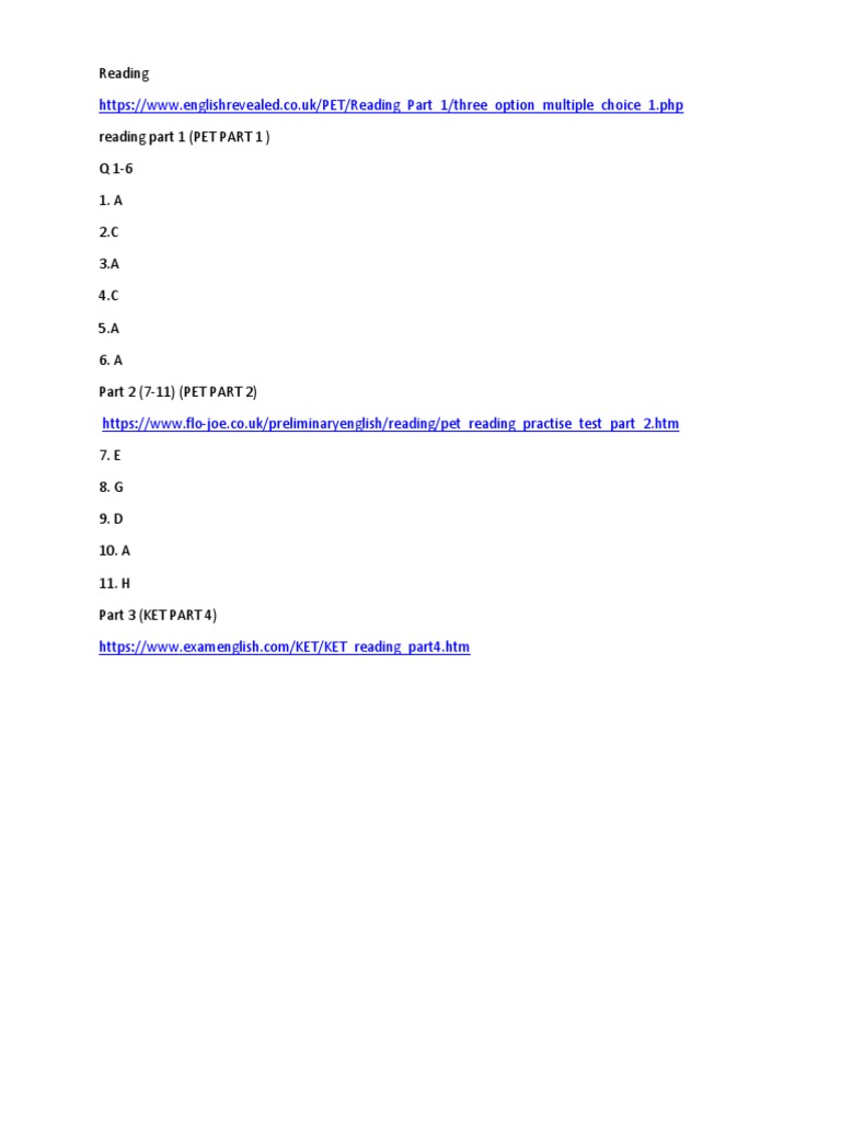 Answer Key of KET Online Test | PDF