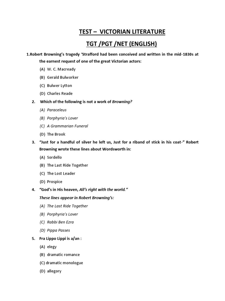 Test - Victorian Period-2 PDF | PDF | Robert Browning | Middlemarch