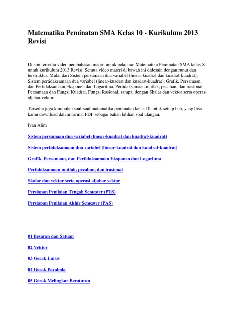 Matematika Peminatan SMA Kelas 10 - Kurik | PDF