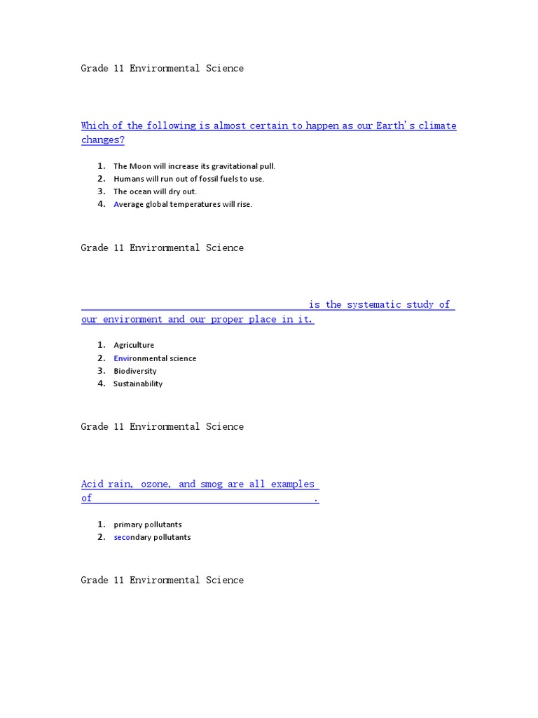 Grade 11 Environmental Science-Key | Download Free PDF | Environmental ...