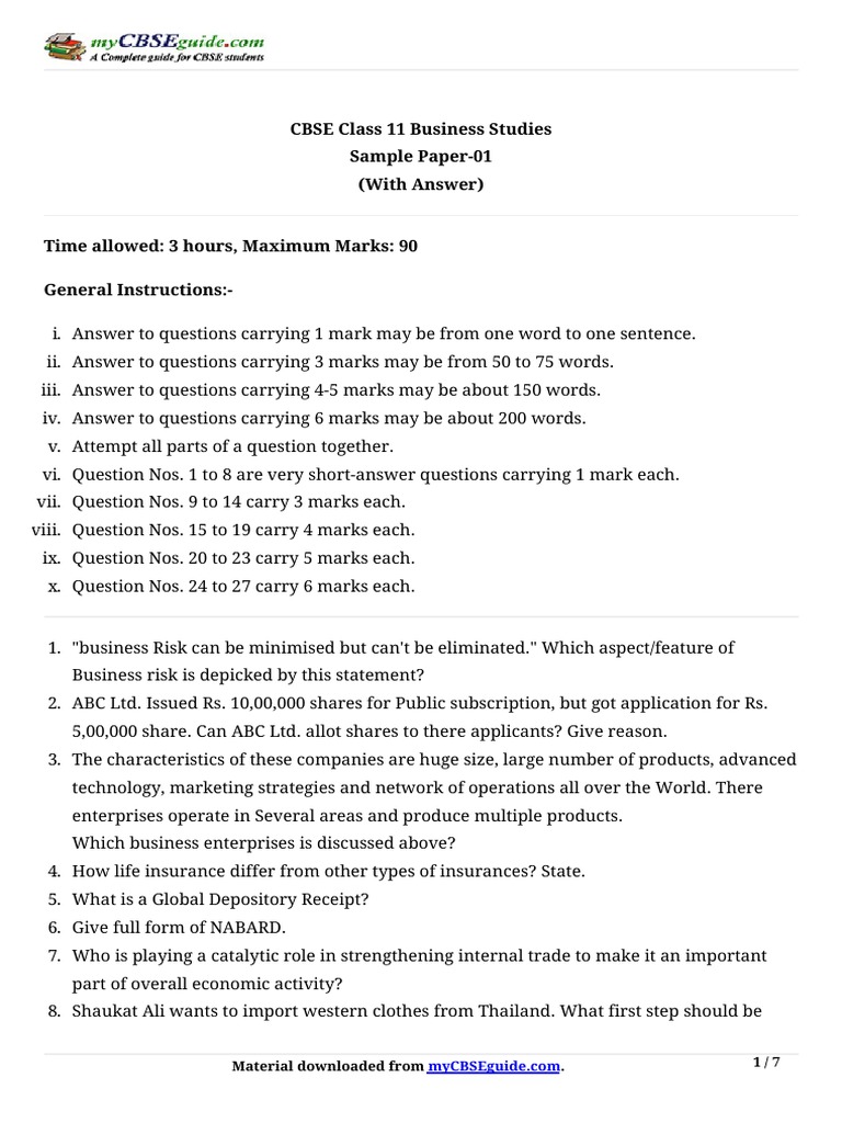 CBSE Class 11 Business Studies Sample Paper with Answers | PDF ...