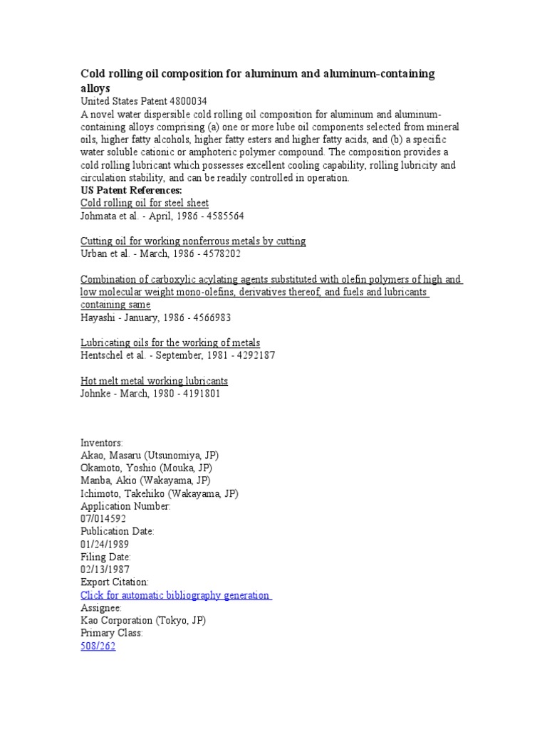 Cold Rolling Oil for Aluminum Alloys | PDF | Lubricant | Fatty Acid