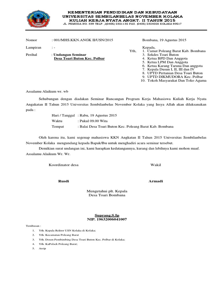 Surat Undangan Seminar Kerja KKN | PDF