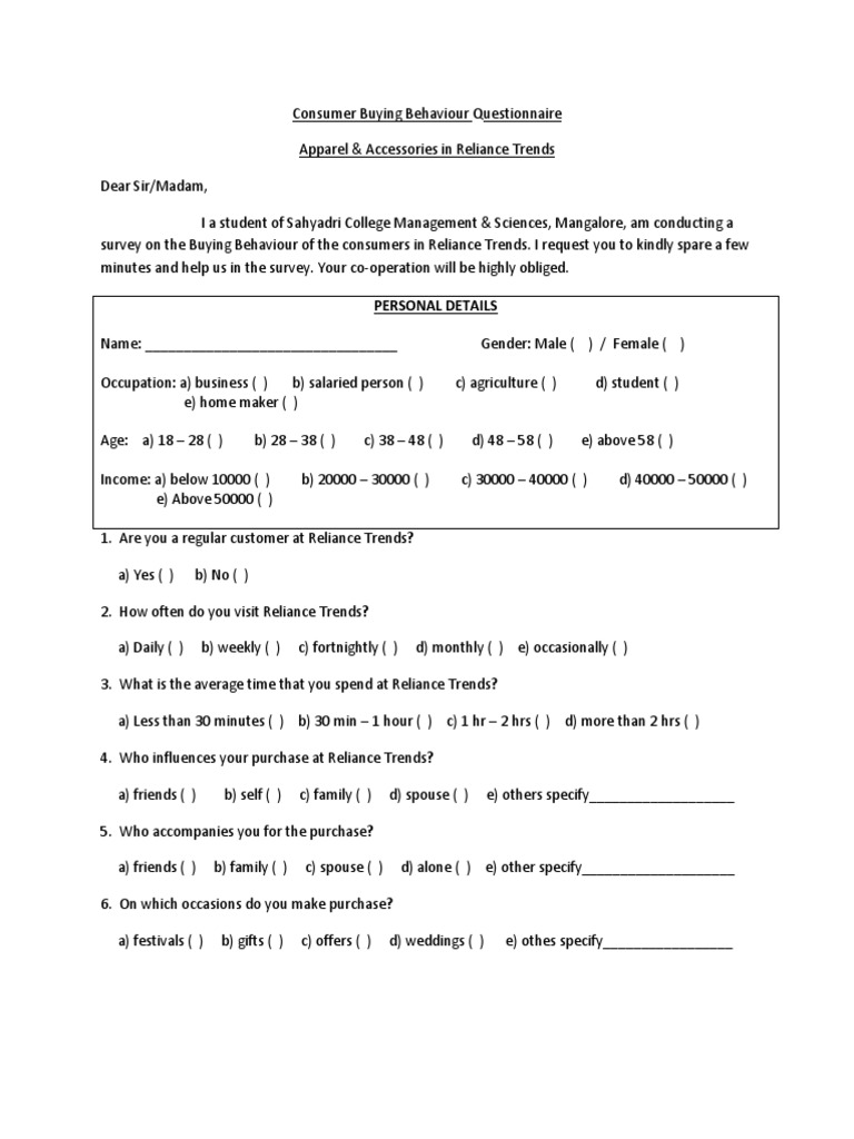 Consumer Buying Behaviour Questionnaire | PDF | Retail | Behavior
