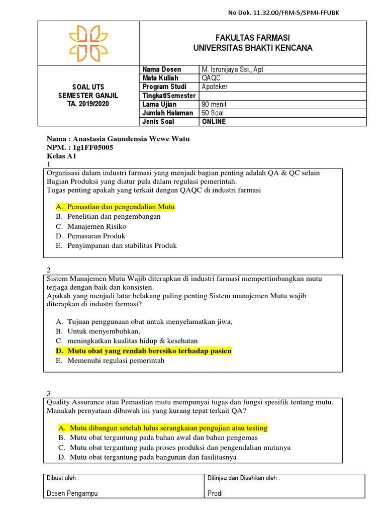 Form Soal Online - A4-UTS-QAQC2019-Soal | PDF | Pengembangan Diri | Kesehatan Holistik