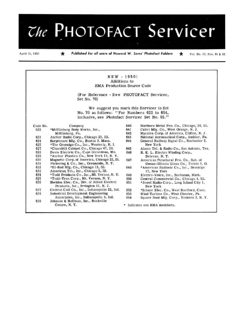 1950 RMA-EIA Production Source Code List | PDF