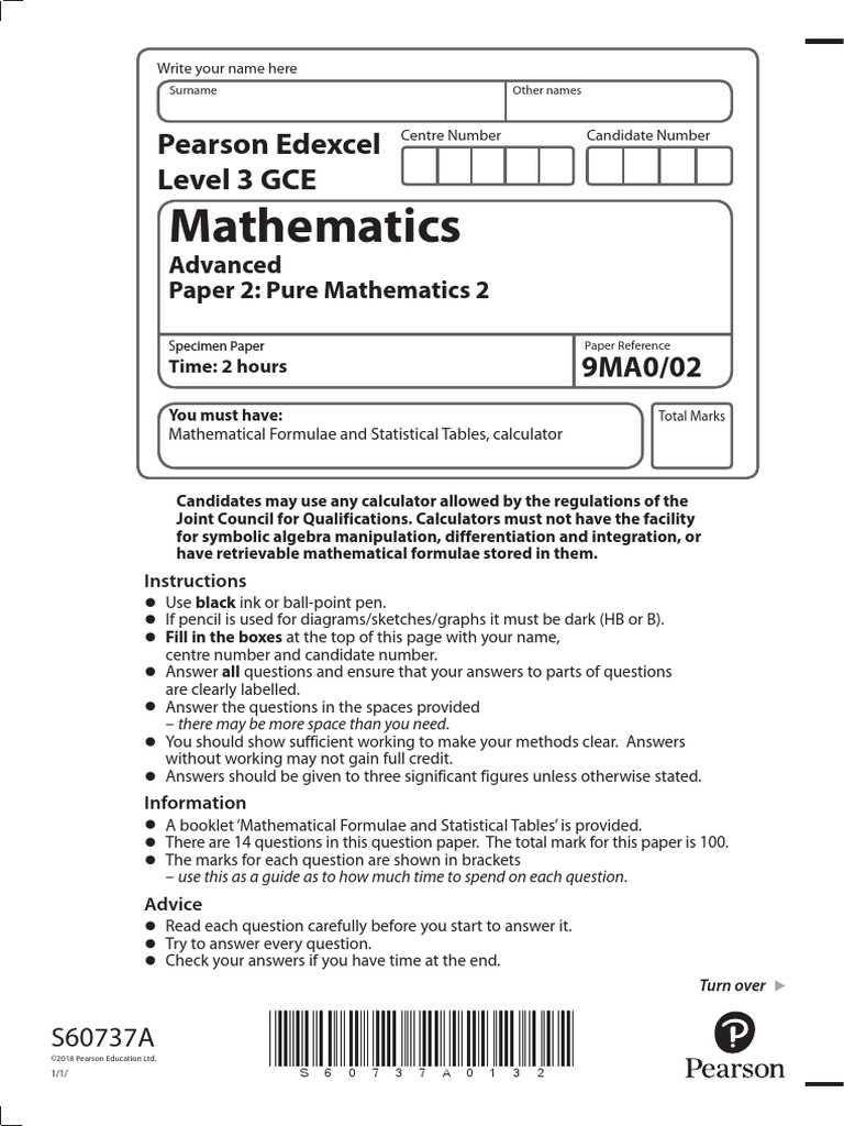 A-Level Mathematics Specimen - Paper 2 Pure Mathematics | PDF ...