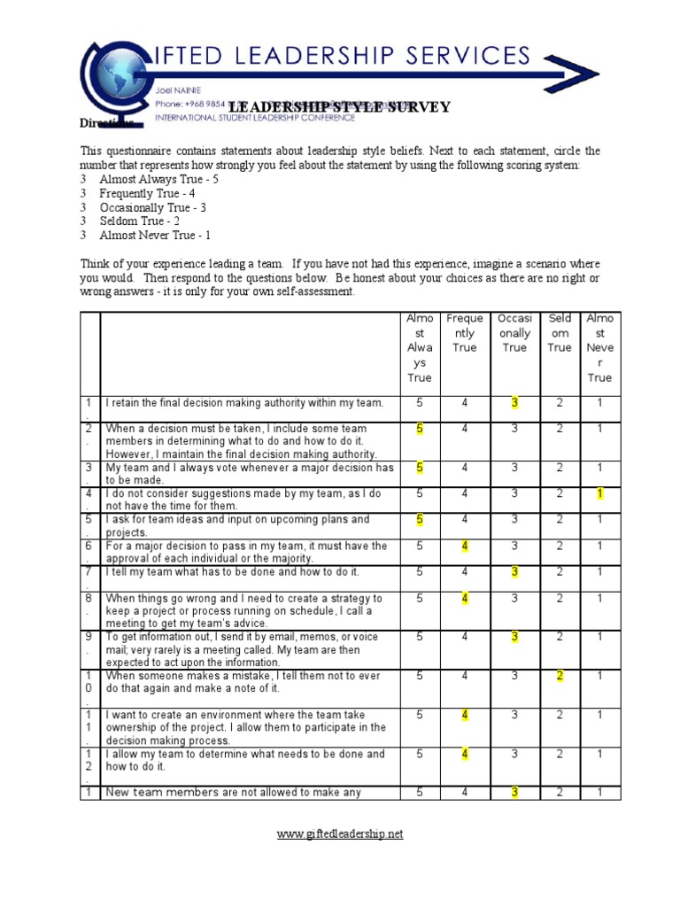 Leadership Style Self-Assessment Survey | PDF | Leadership ...