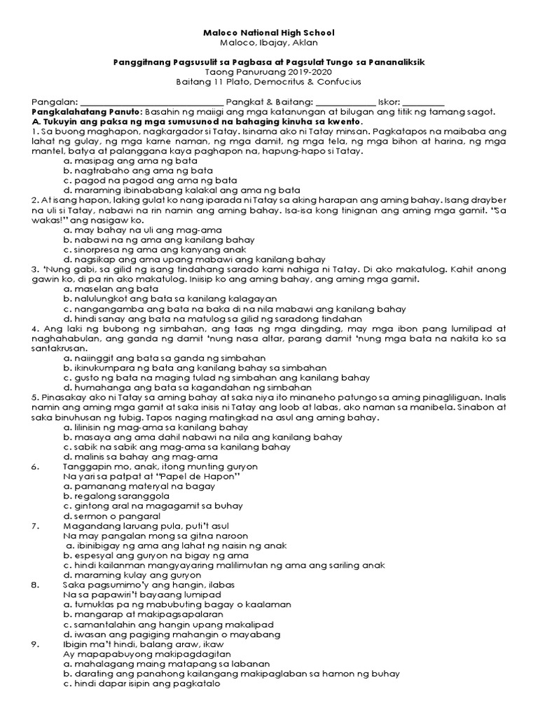 Pagbasa at Pagsulat Exam | PDF