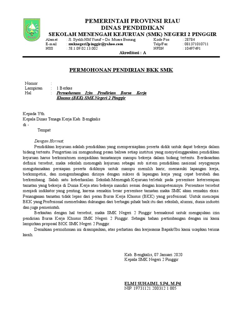 Proposal Permohonan Pendirian BKK SMKN 2 Pinggir | PDF
