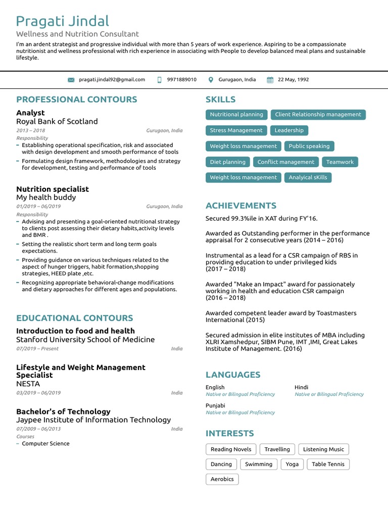 Pragati Jindal - Resume | PDF | Psychological Concepts | Nutrition