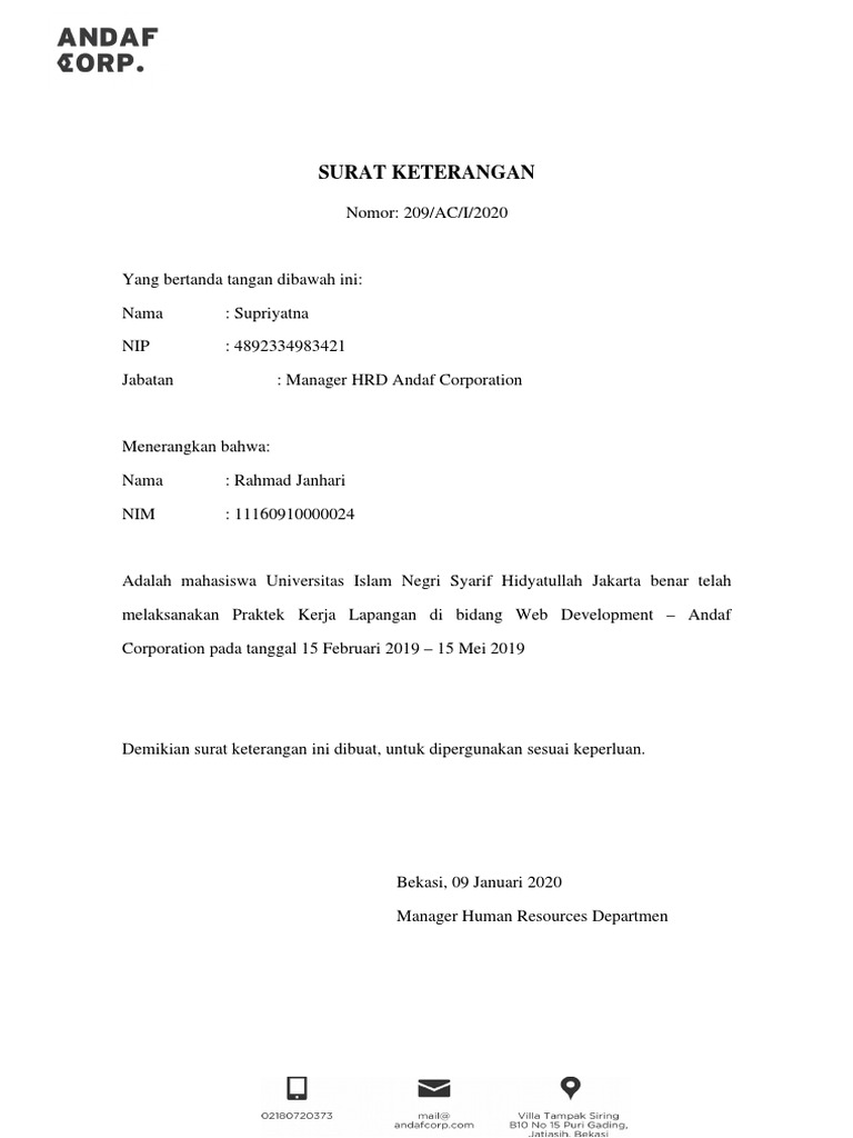 Surat Keterangan PKL | PDF