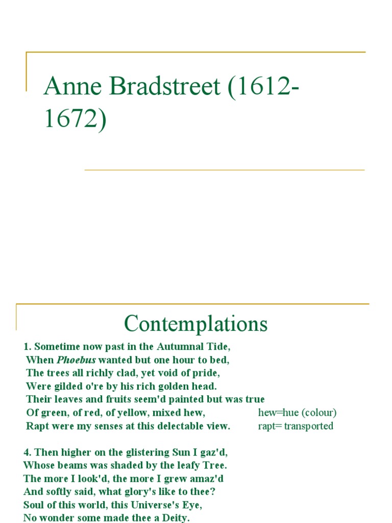 Anne Bradstreet's Contemplations and Other Puritan Poetry | PDF