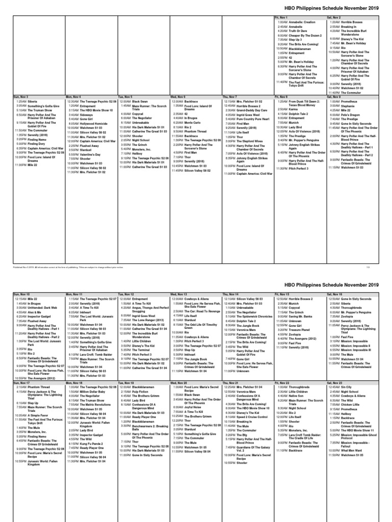 HBO Philippines Schedule November 2019 | PDF | Harry Potter