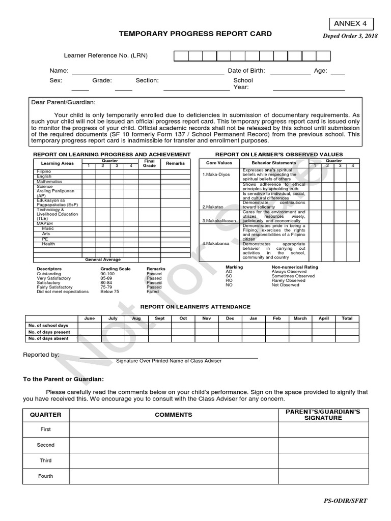 Annex 4 Temporary Progress Report Card DO 3 2018 | PDF | Learning ...