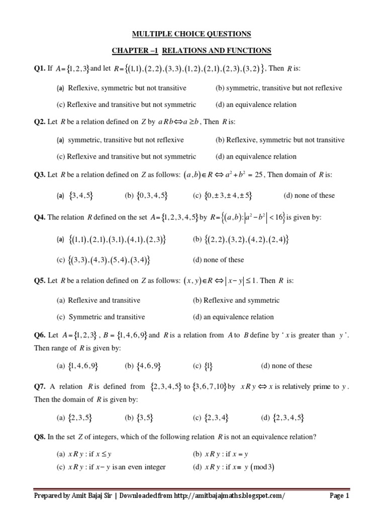 CH 1 Relations and Functions Multiple Choice Questions With Answers PDF ...