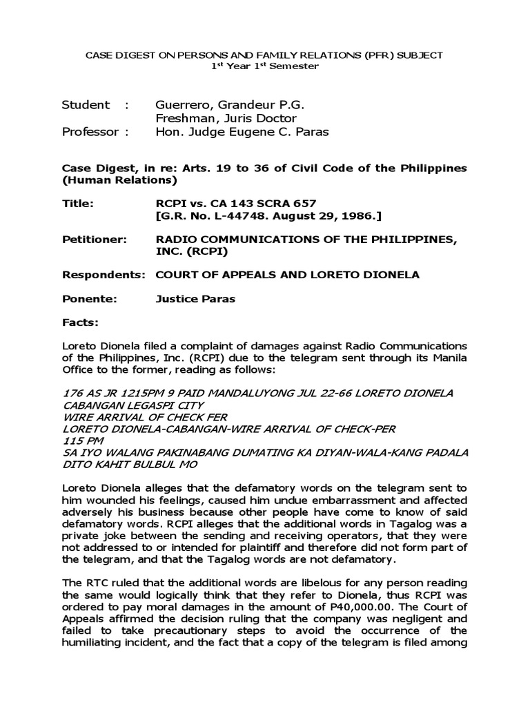 Case Digest PFR Subject RCPI vs. CA 143 SCRA 657 (G.R. No. L-44748. August 29, 1986.) | PDF ...
