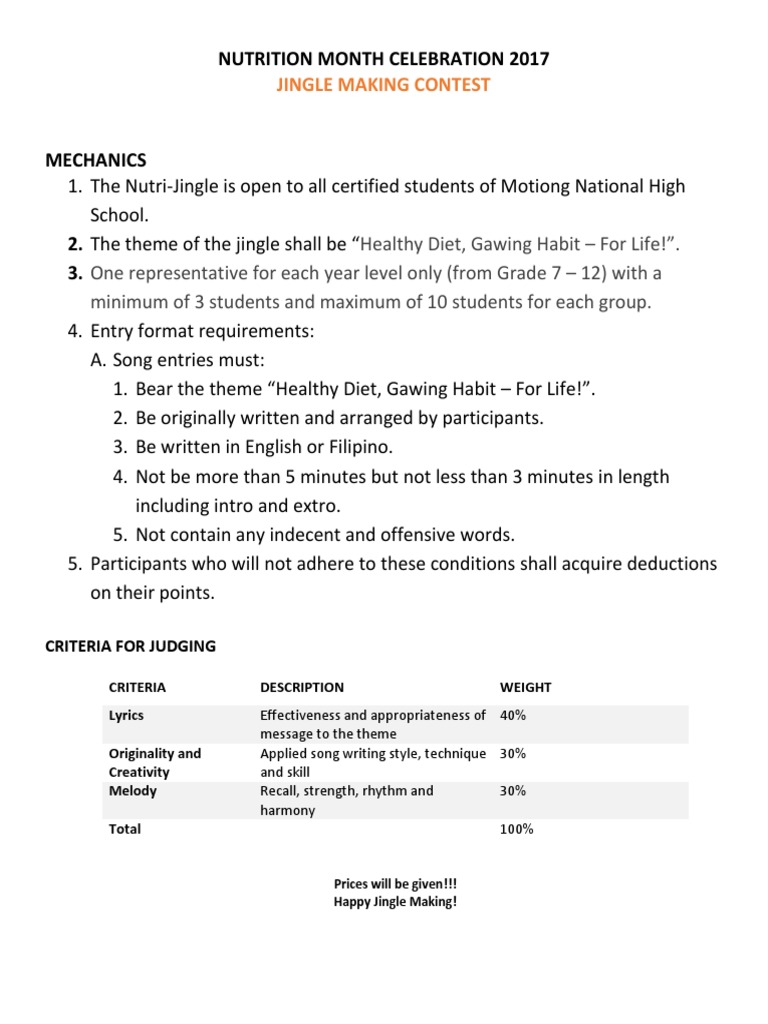 Jingle Making Contest Criteria | PDF | Performing Arts | Entertainment
