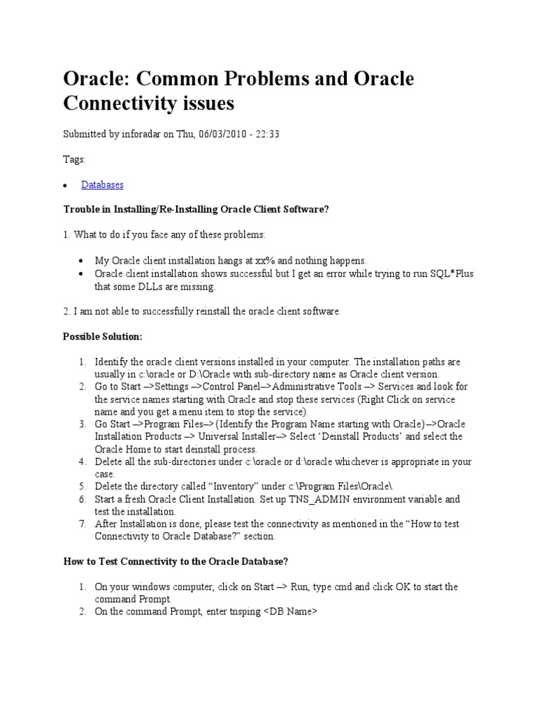 Common Problems And Oracle Connectivity Issues Pdf Operating System Databases