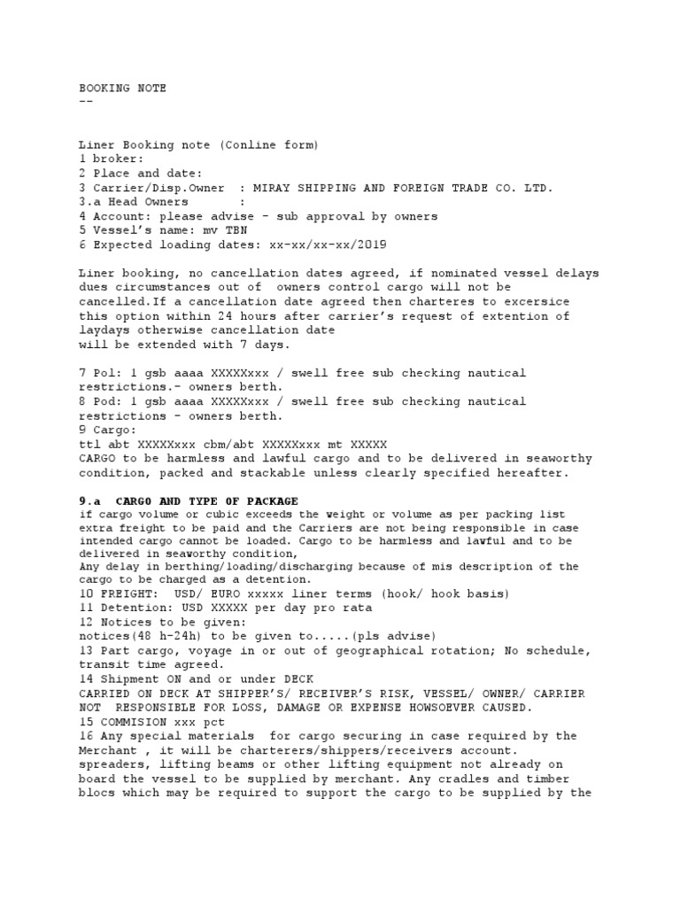 M TYPES - Booking Note-2013 | PDF | Cargo | Bill Of Lading