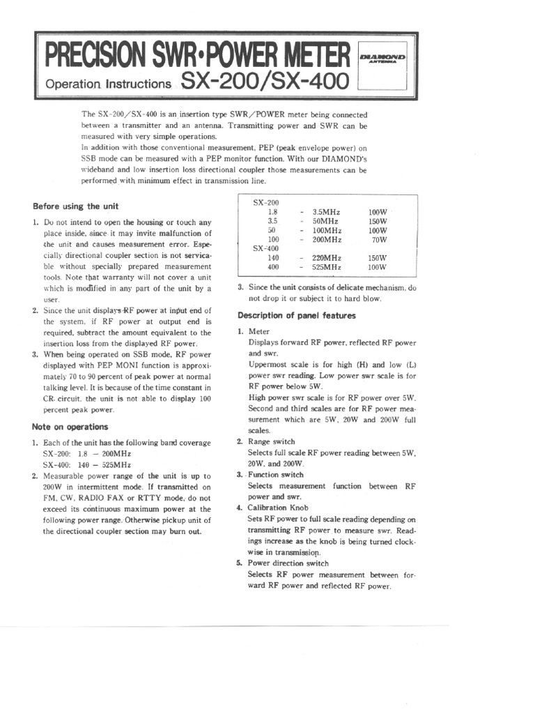 SWR Meter SX200 SX400 Manual PDF | PDF