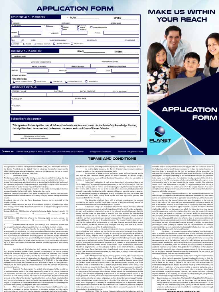 PLANET CABLE Application Form PDF | PDF | Internet Service Provider ...