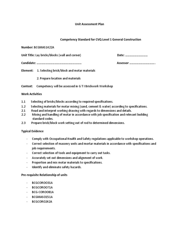 Unit Assessment Plan 1 - Competency Standard For CVQ Level 1 General ...