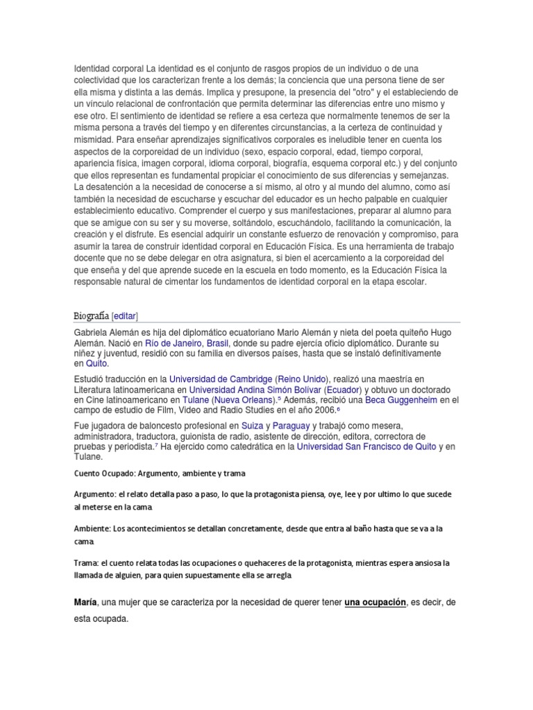 Identidad Corporal La Identidad Es El Conjunto de Rasgos Propios de Un ...