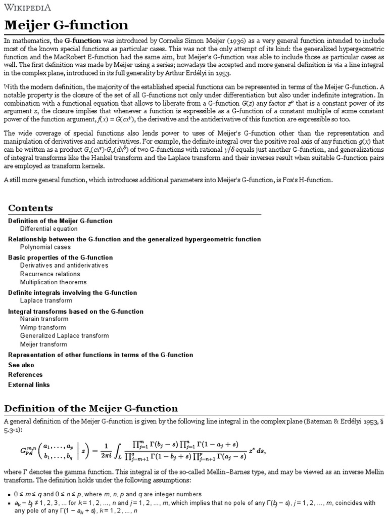Meijer G-Function - Wikipedia | PDF | Complex Analysis | Mathematical Analysis
