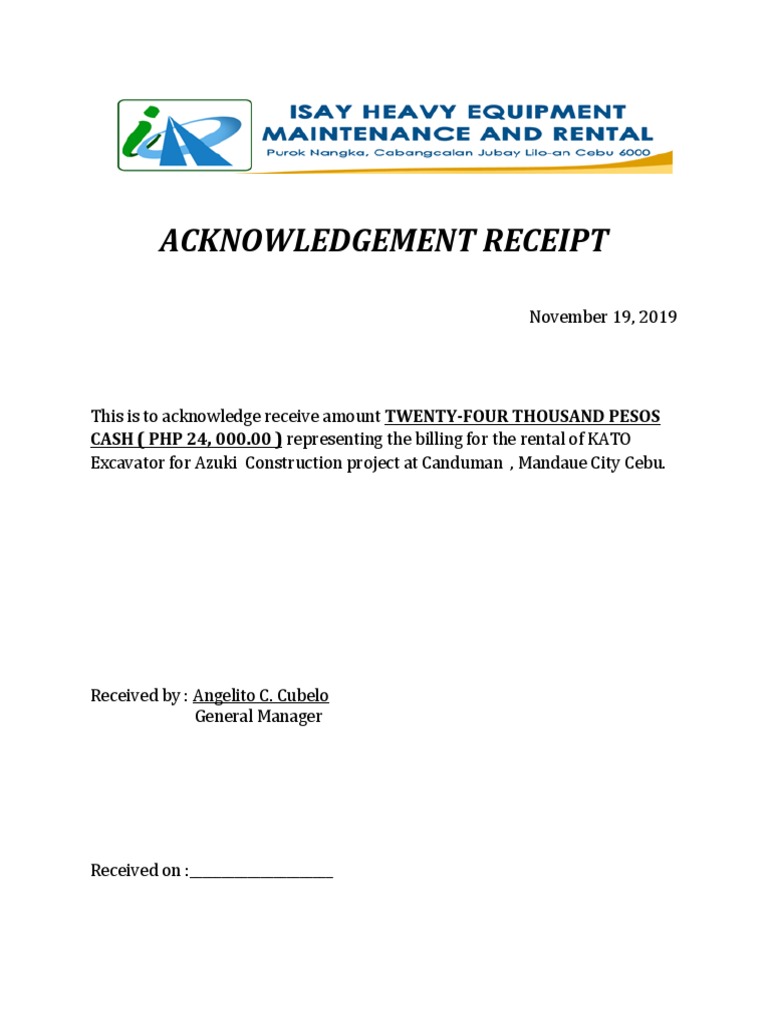 ACKNOWLEDGEMENT RECEIPT AZUKI CONSTRUCTION 24K NOV. 19 .2019