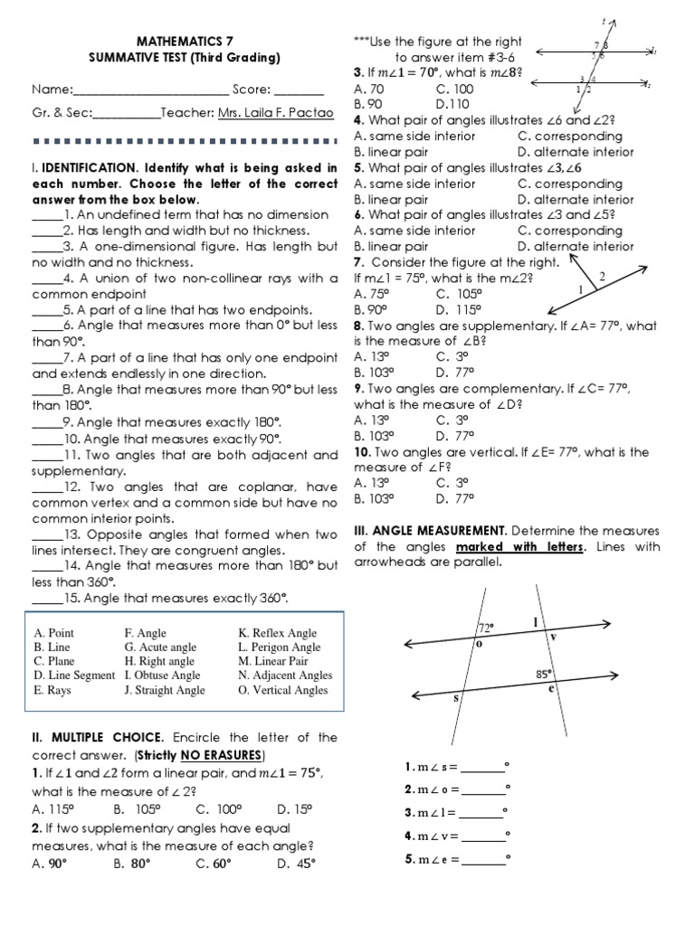 3rd - 1ST SUMMATIVE TEST | PDF | Angle | Euclidean Geometry