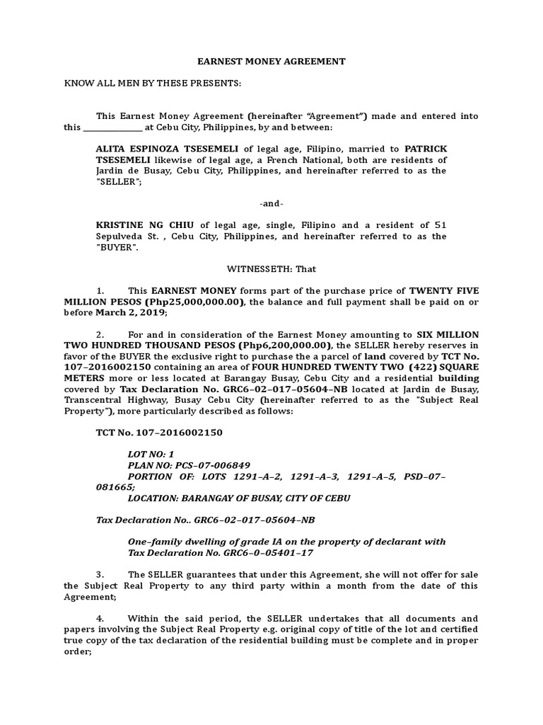 Earnest Money Agreement | Download Free PDF | Civil Law (Common Law ...