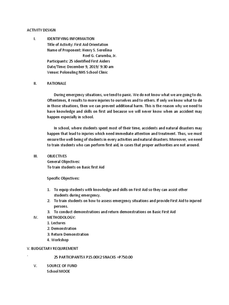 ACTIVITY DESIGN-first Aid | PDF | First Aid | Emergency